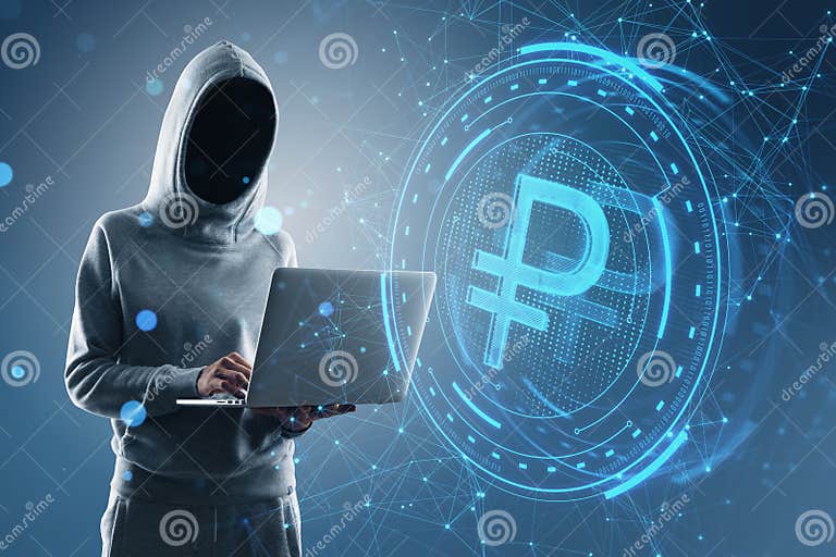 Side View of Hacker Holding Laptop Computer with Creative Round Ruble ...
