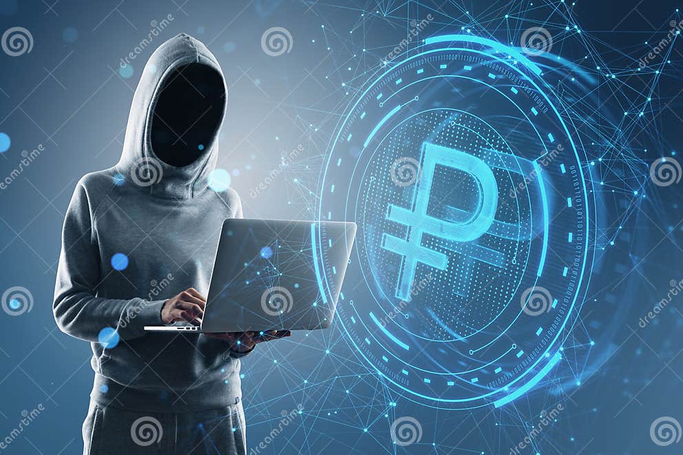Side View of Hacker Holding Laptop Computer with Creative Round Ruble ...