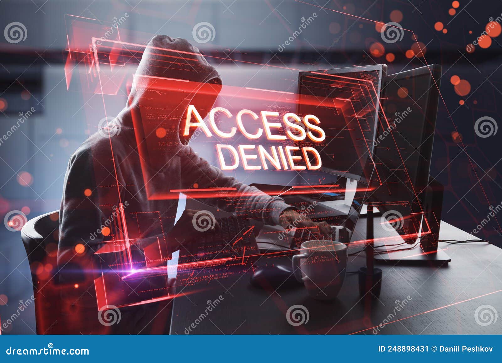 Side View of Hacker Using Computers at Desktop with Abstract Red Denied ...