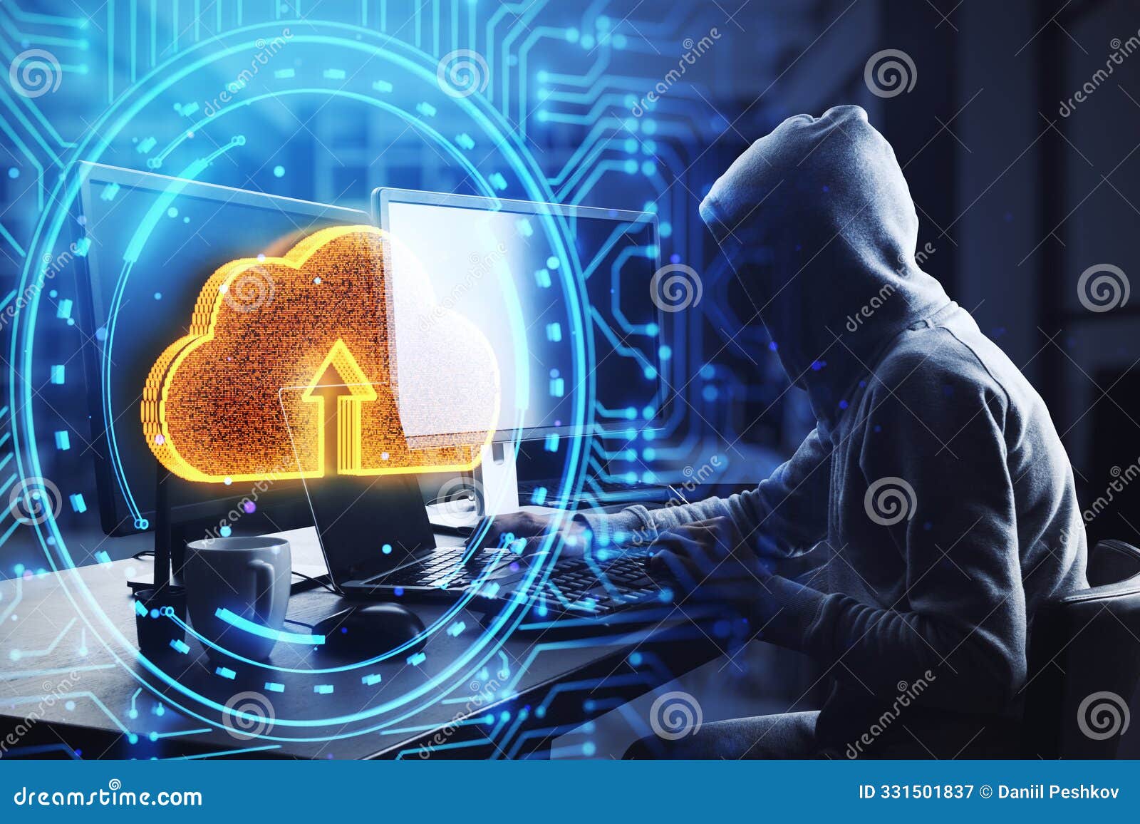 Side View of Hacker Using Glowing Digital Cloud in Circular Tech ...