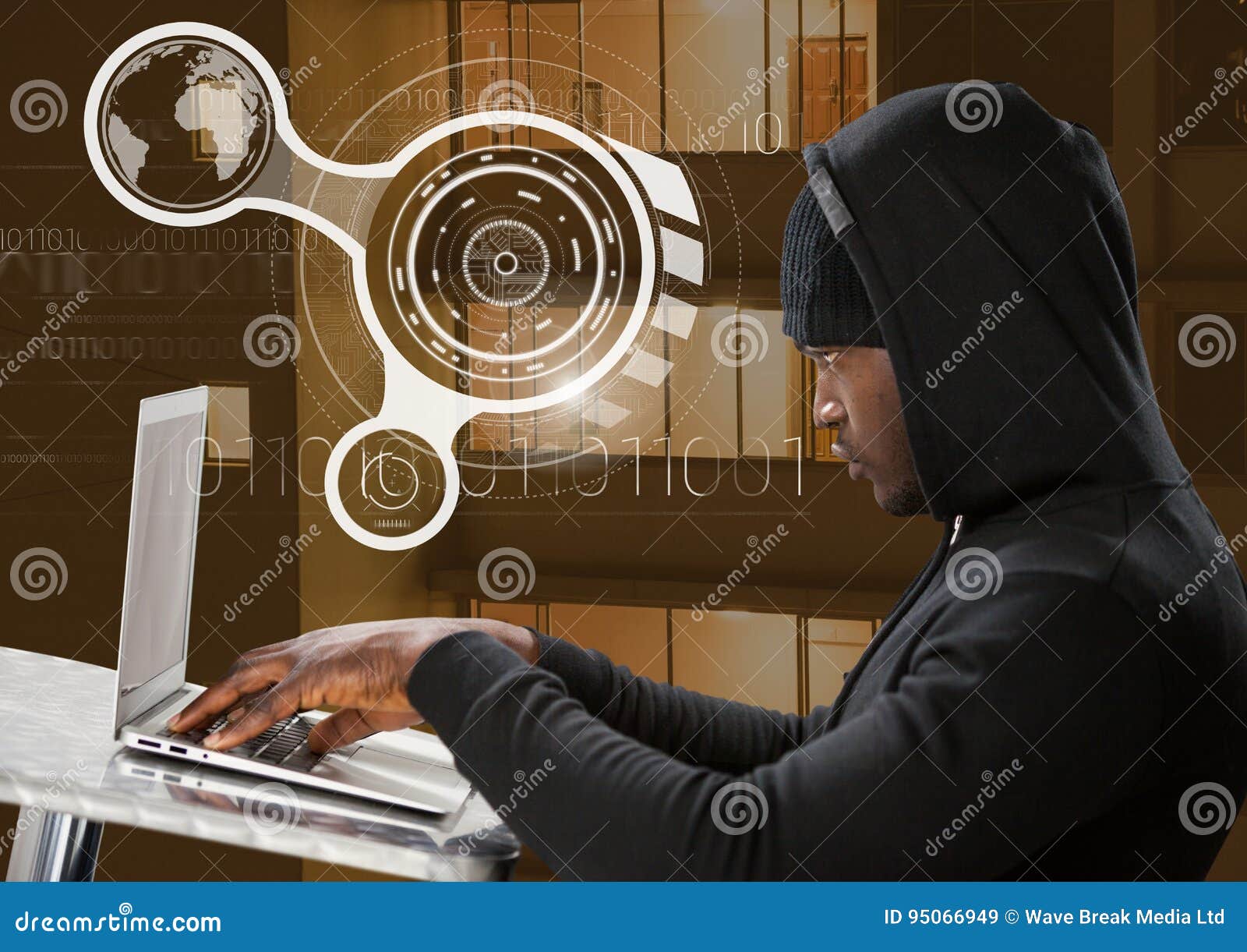 Side View of Hacker Using a Laptop in Front Building Stock Image ...
