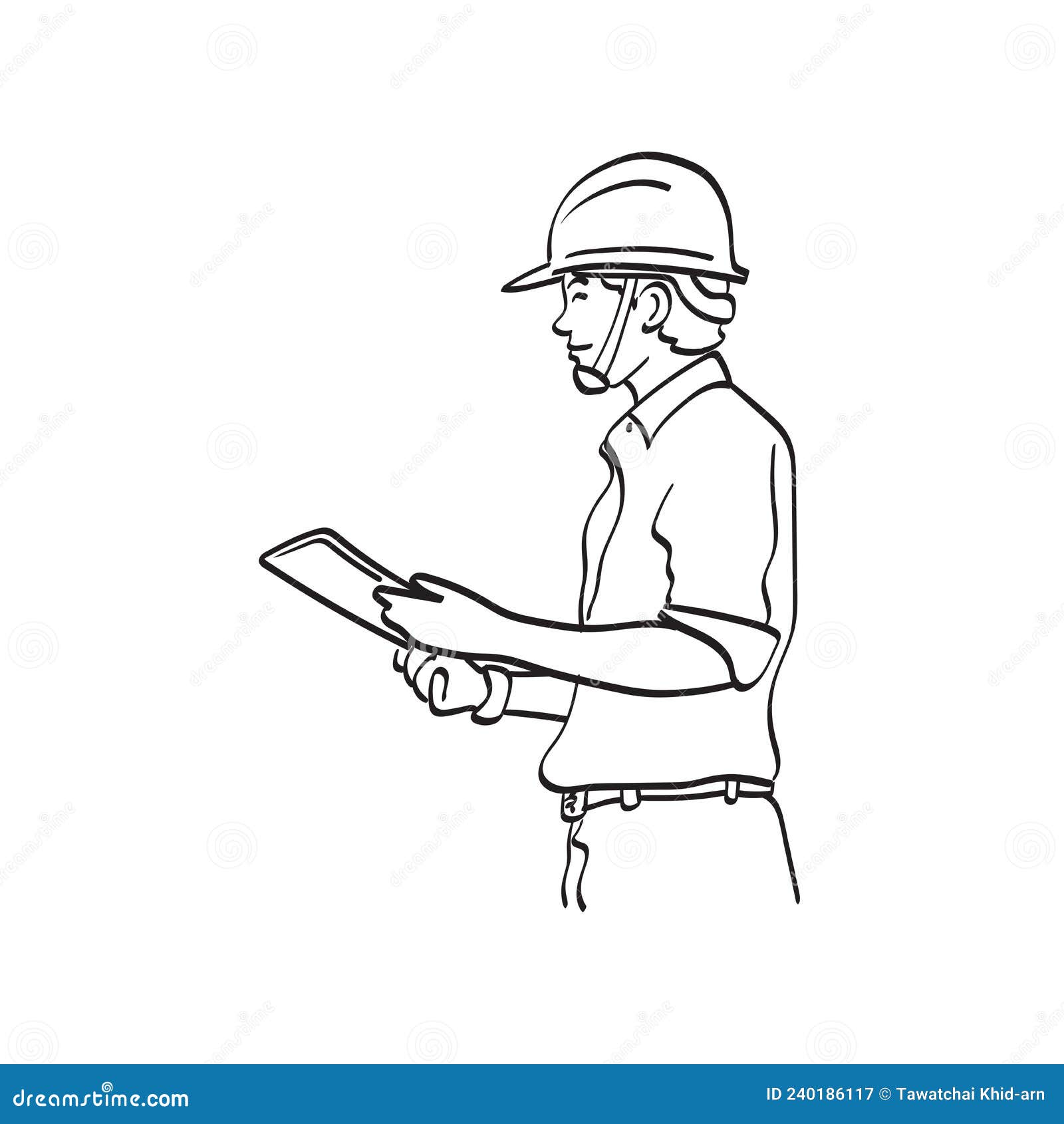 Side View Half Length Mechanical Engineer Worker Working Tablet ...