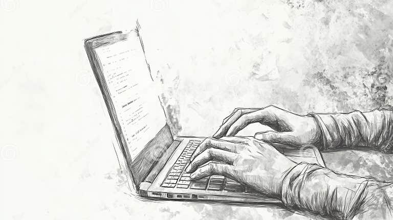 Side View of Hands Typing on a Laptop with Text Displayed on the Screen, Drawn in Sketch Style ...