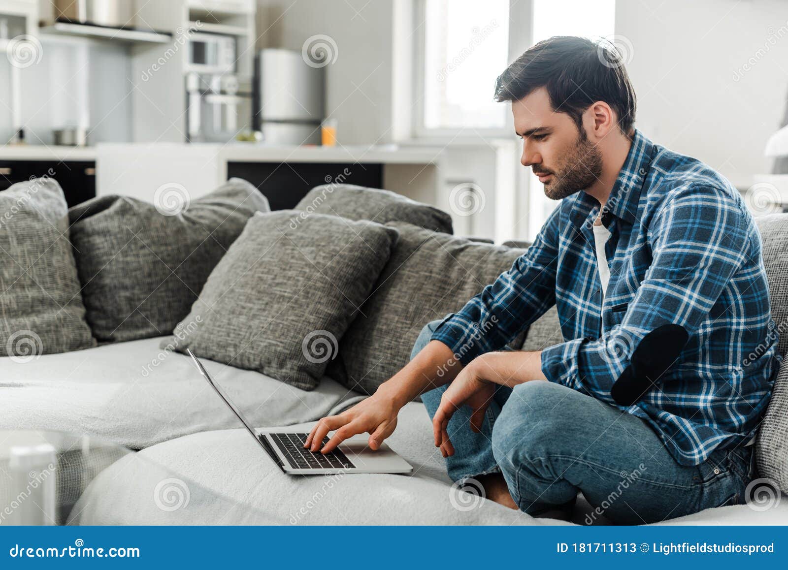 Side View of Handsome Man Using Laptop on Sofa Stock Image - Image of ...