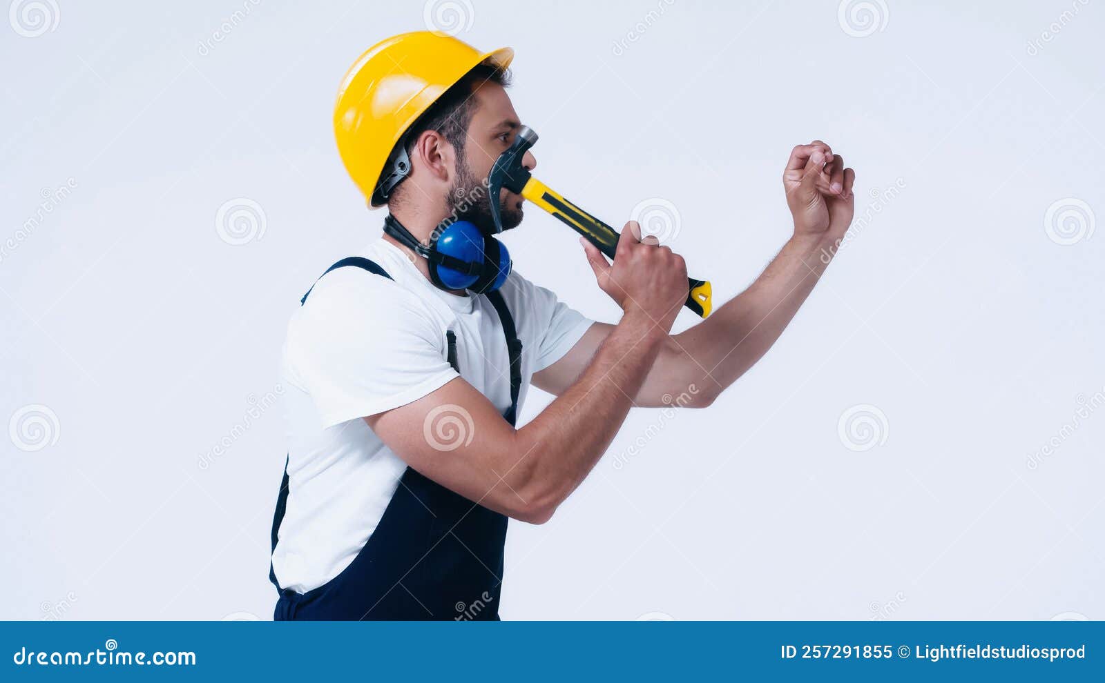 Side View of Handyman in Hardhat Stock Image - Image of adult, hammer ...