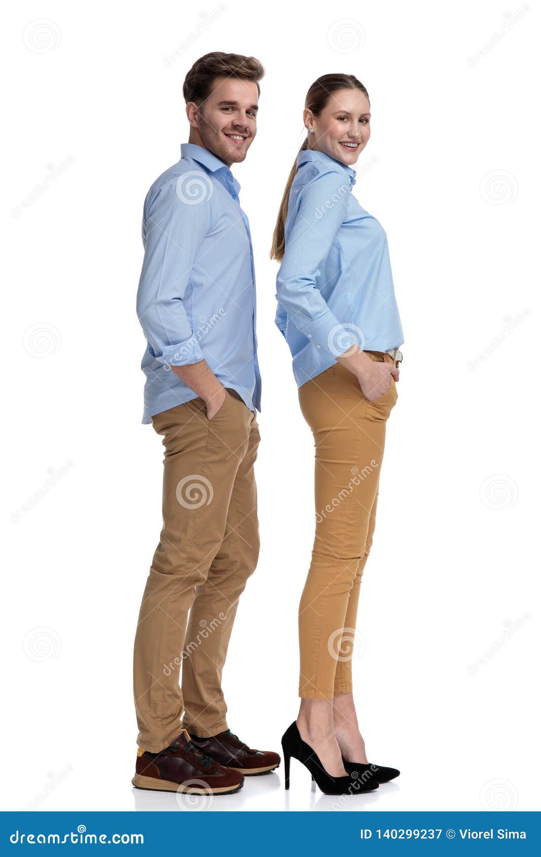 Side View of Happy Casual Couple with Hands in Pockets Stock Image ... Side View of Happy Casual Couple with Hands in Pockets Stock Image ...