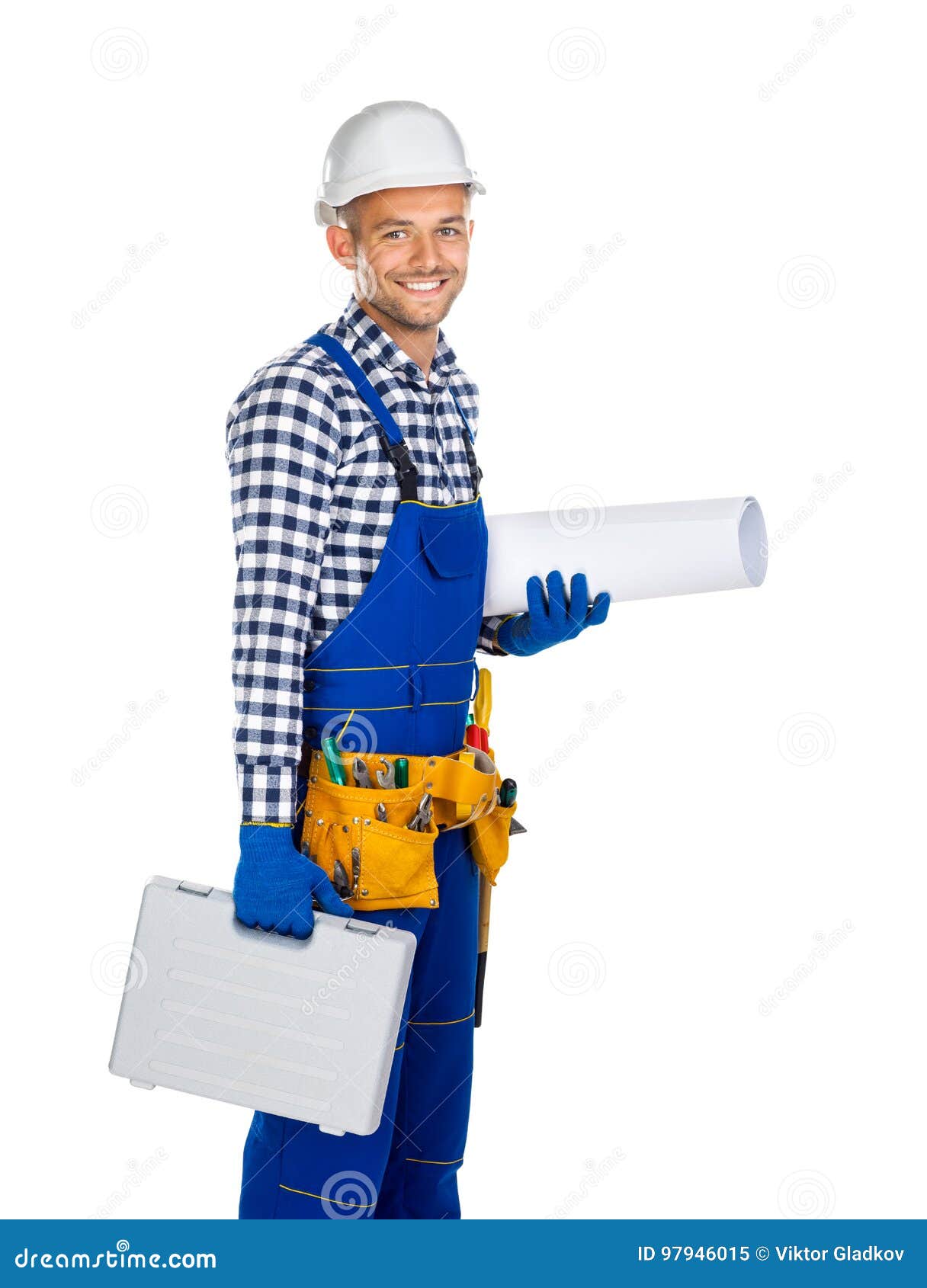 Side View of Happy Construction Worker with Toolbox and Drawings Stock ...