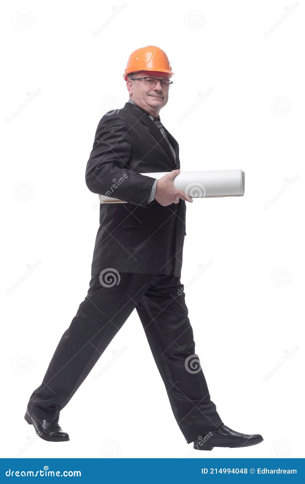 Side View of Happy Engineer Walking Isolated on White Background Stock ...