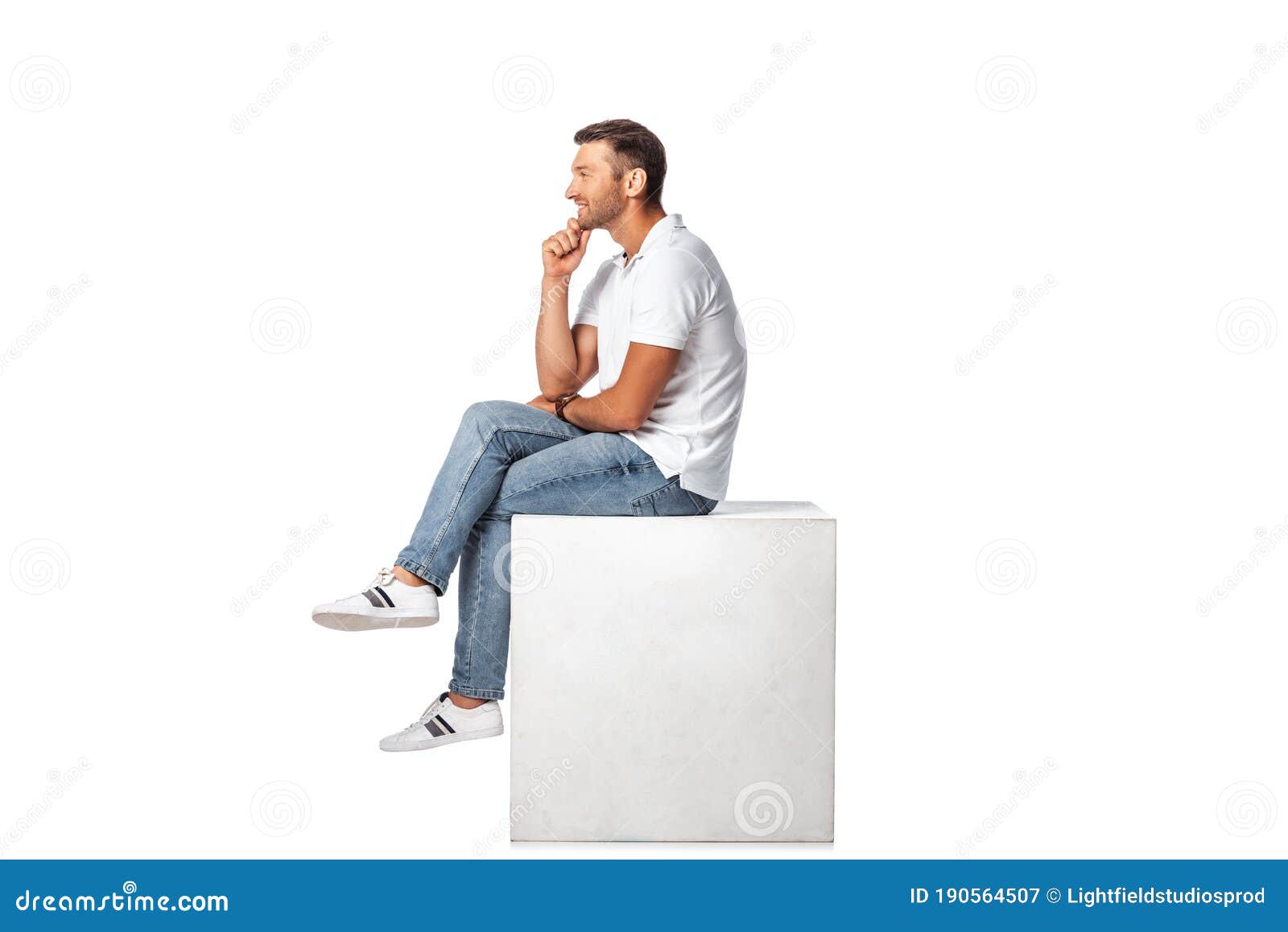 Side view of happy man in stock image. Image of european - 190564507