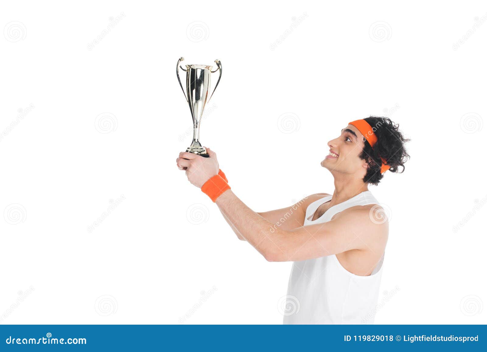 Side View of Happy Thin Sportsman Holding Trophy Stock Photo - Image of ...