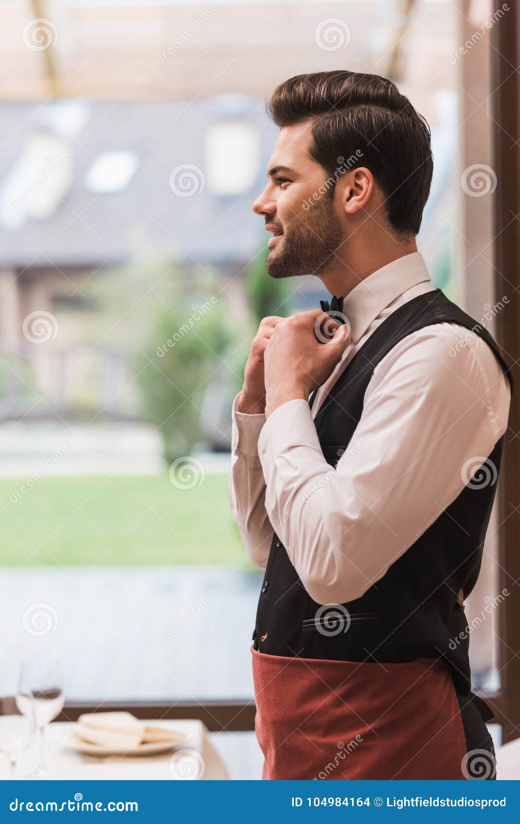Waiter fixing bow tie stock photo. Image of people, apron - 104984164