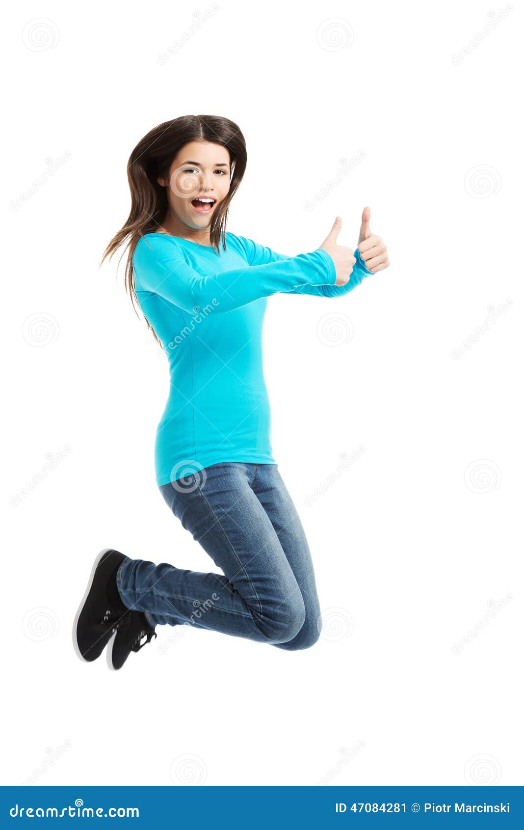 Side View Happy Woman Jumping with Thumbs Up Stock Image - Image of ...