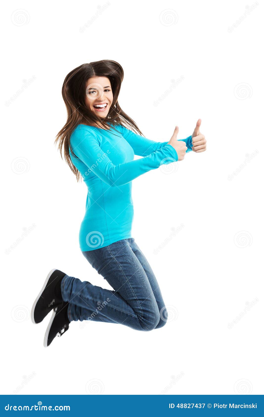 Side View Happy Woman Jumping with Thumbs Up Stock Image - Image of ...