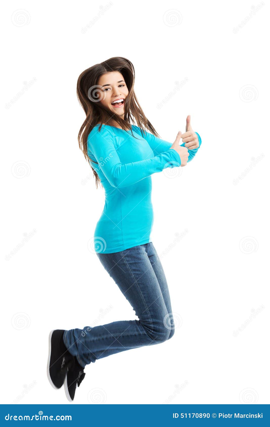 Side View Happy Woman Jumping with Thumbs Up Stock Photo - Image of ...