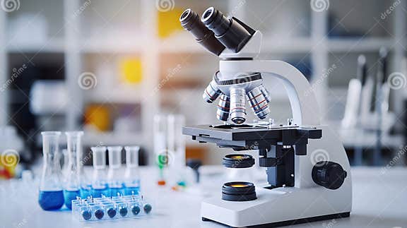 High-Powered Microscope Side View in Laboratory Setting Stock ...