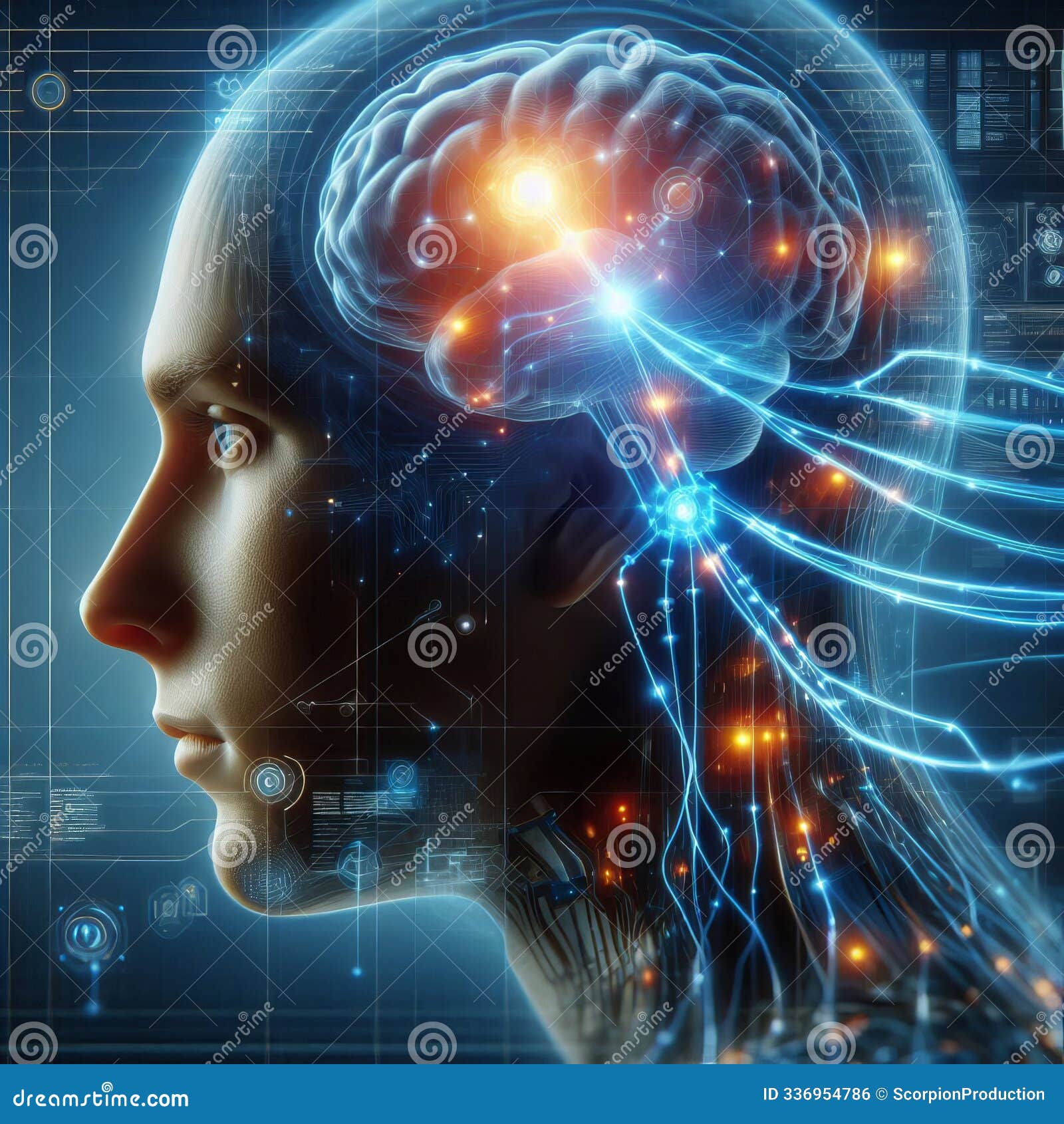 Side View of a Human Brain Connected To a Digital Network with Glowing ...