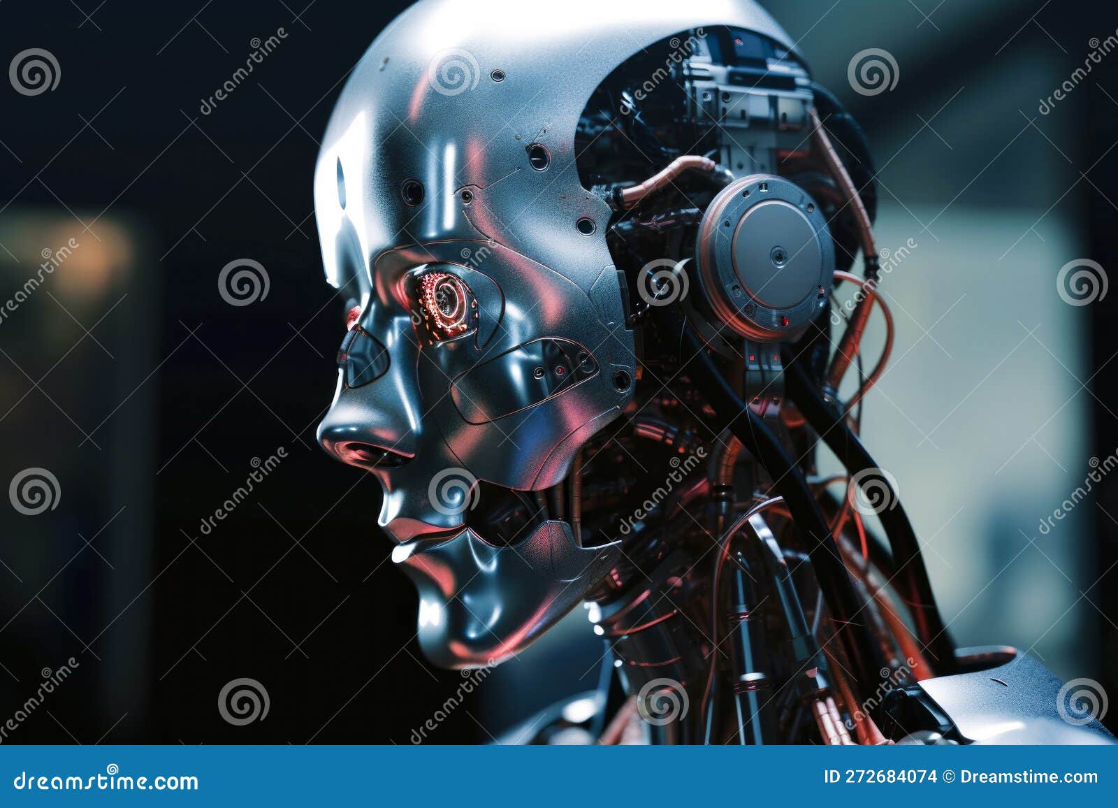 A Side View of a Humanoid Head with a Neon Neural Network, Representing ...