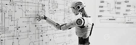 Side View of a Humanoid Robot Interacting with a Digital Interface on a ...