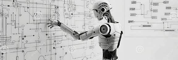 Side View of a Humanoid Robot Interacting with a Digital Interface on a ...