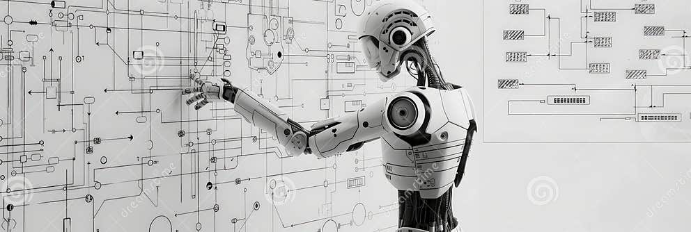 Side View of a Humanoid Robot Interacting with a Digital Interface on a ...