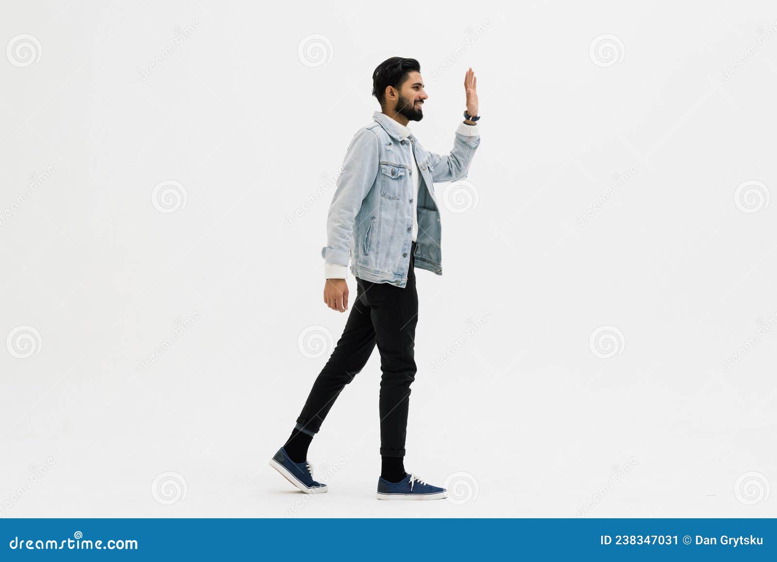 Side View of Indian Man Waving Walking on White Studio Background Stock ...