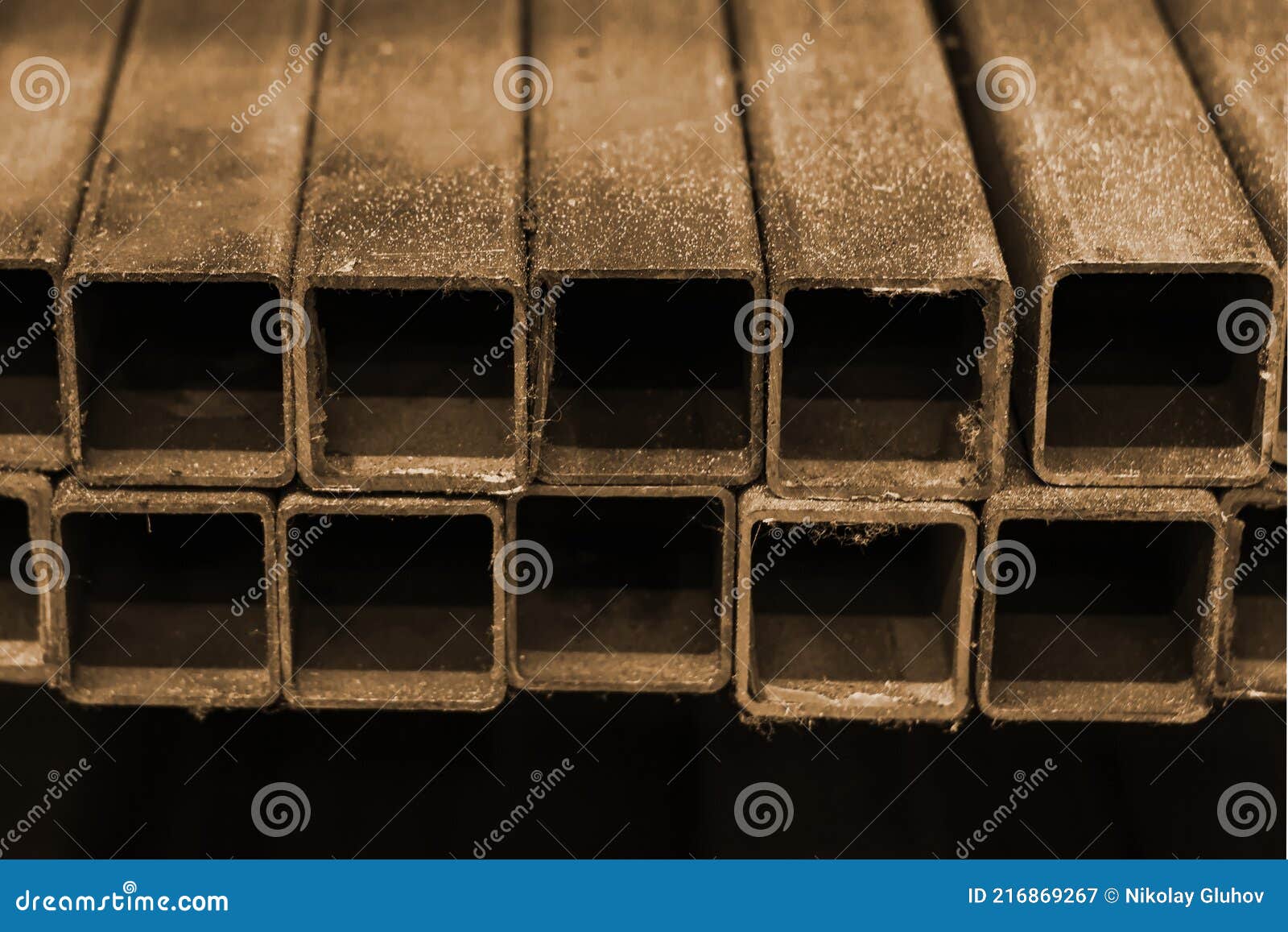 Square Iron Pipes. Side View, Indoors Horizontal Shot Stock Image ...