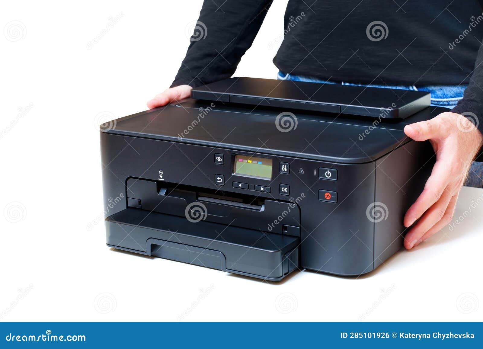 Side View of Inkjet Printer in Hands on White Background Stock Photo ...