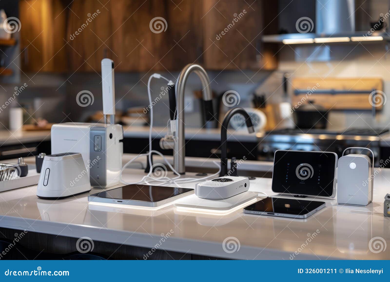 A Side View of a Kitchen Counter Top Covered with Various Electronic ...