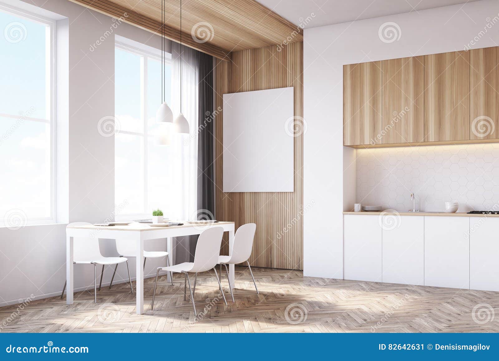 Side View of Kitchen Interior, Wood Stock Illustration - Illustration ...