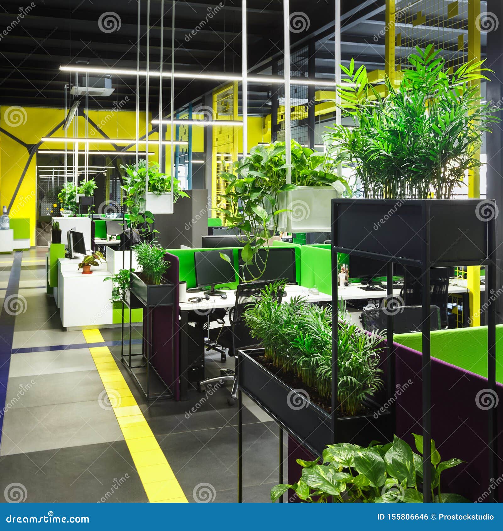 Side View of Large Corporate Office in Loft Style with Green Plants ...