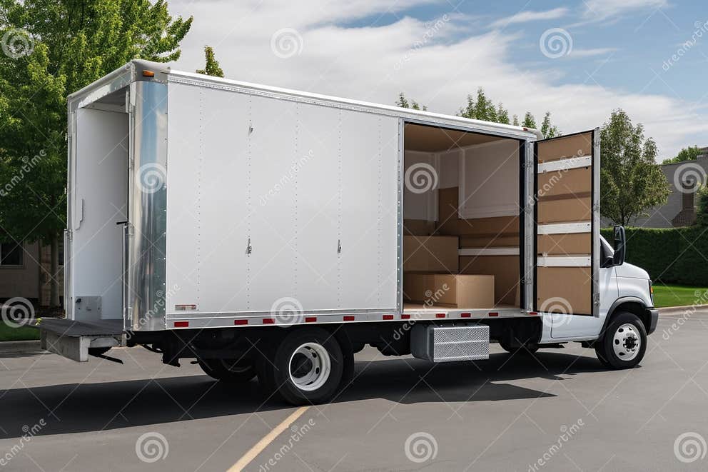 Side View of Loaded Moving Van with Doors Open Stock Image - Image of ...