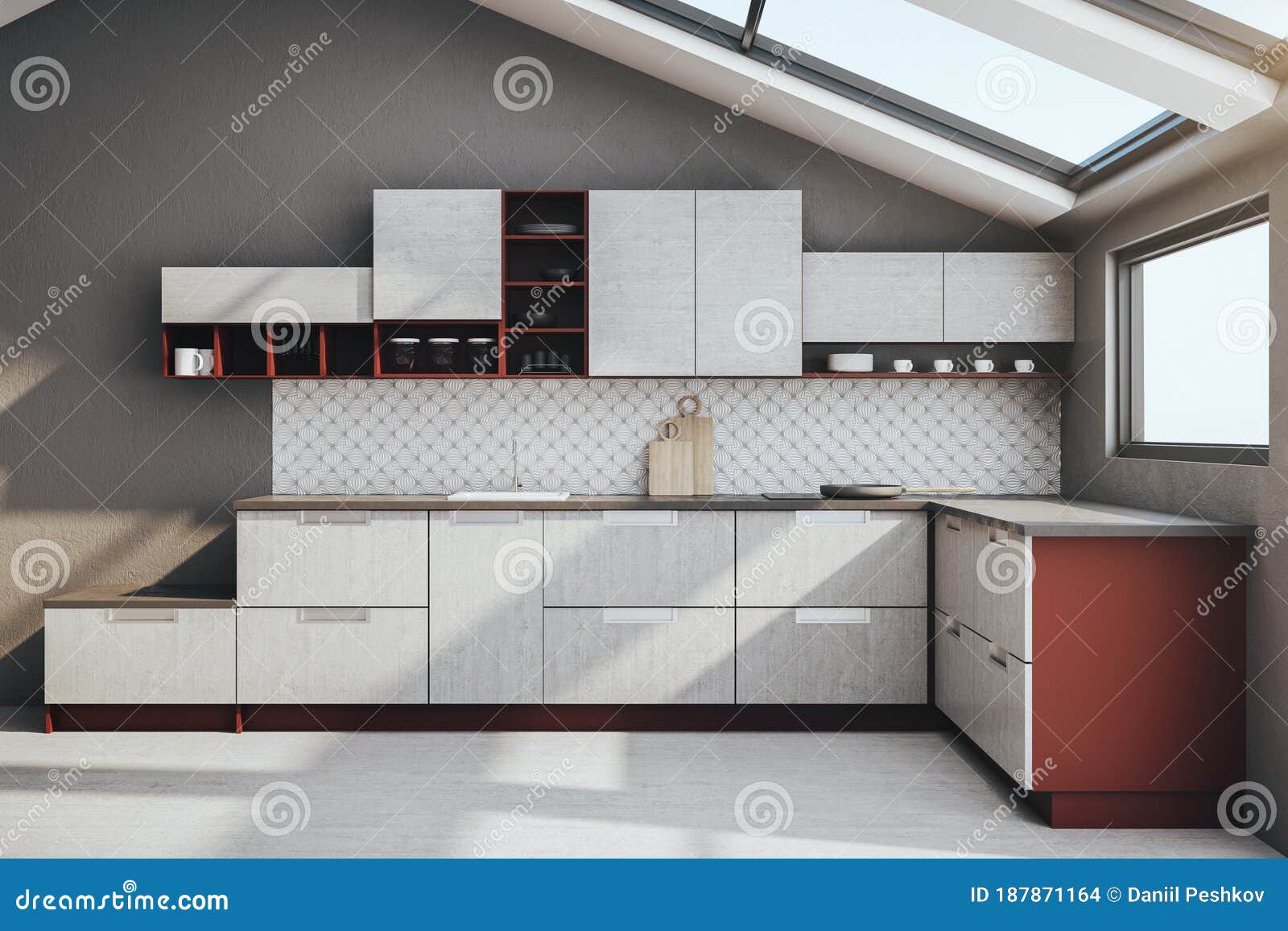 Side View of Loft Kitchen Interior with Furniture Stock Illustration ...