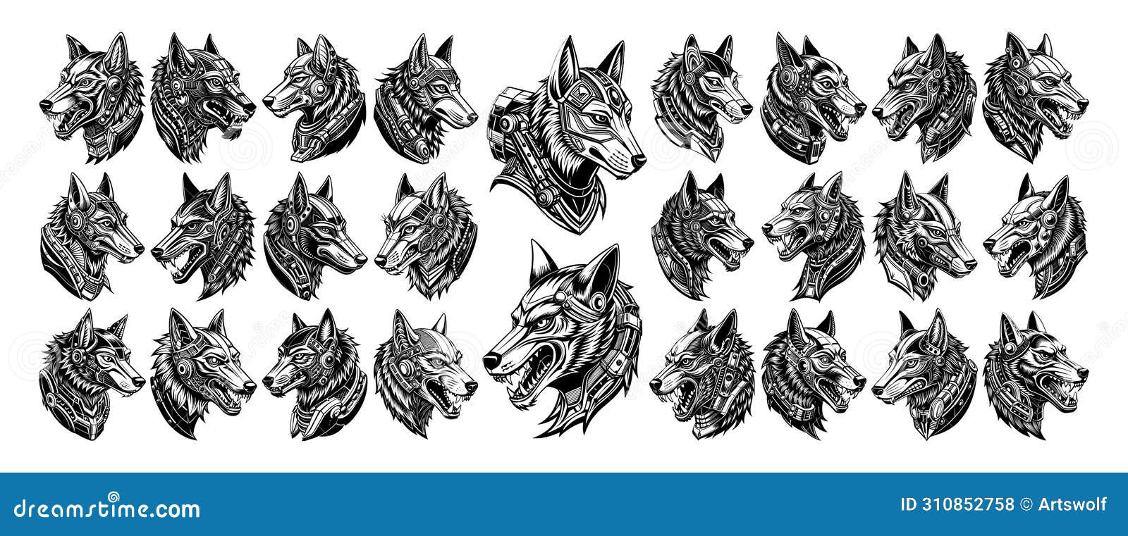 Side View of Machine Cyborg Wolf Head Illustration Design Set Stock ...