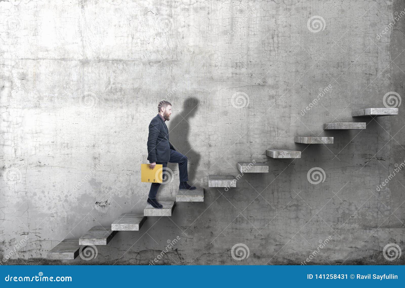 Side View of a Man Climbing Up the Steps in a Blank Concrete Wall. 3d ...
