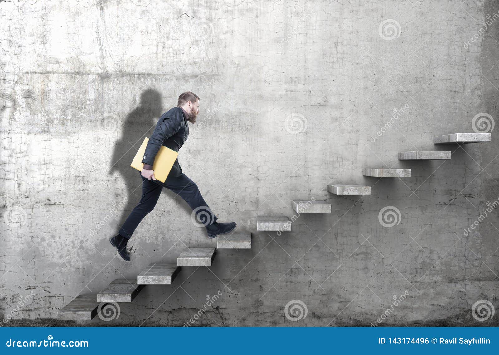 Side View of a Man Climbing Up the Steps in a Blank Concrete Wall. 3d ...