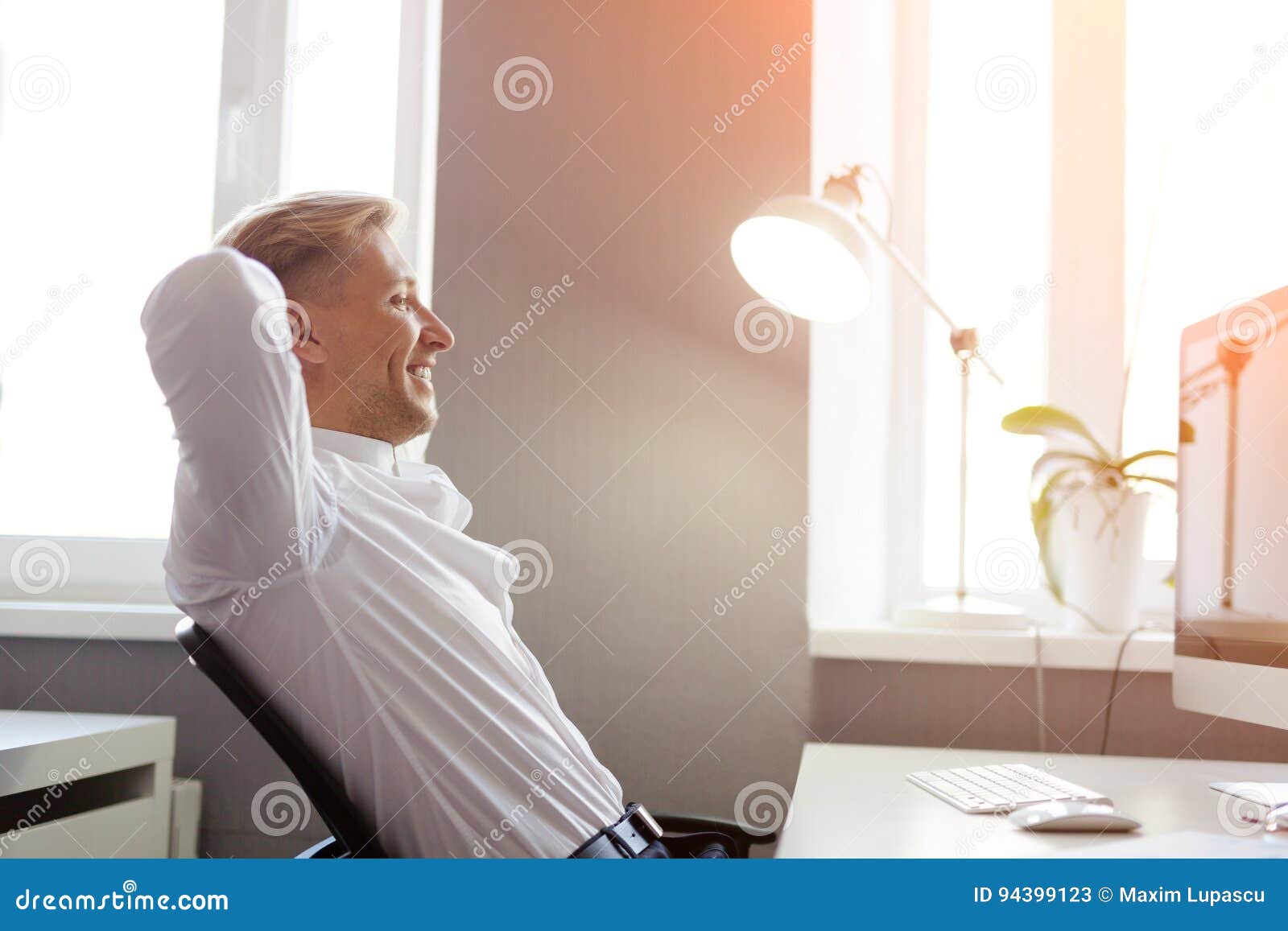 Side View of Man at Desktop Stock Image - Image of shirt, computer ...