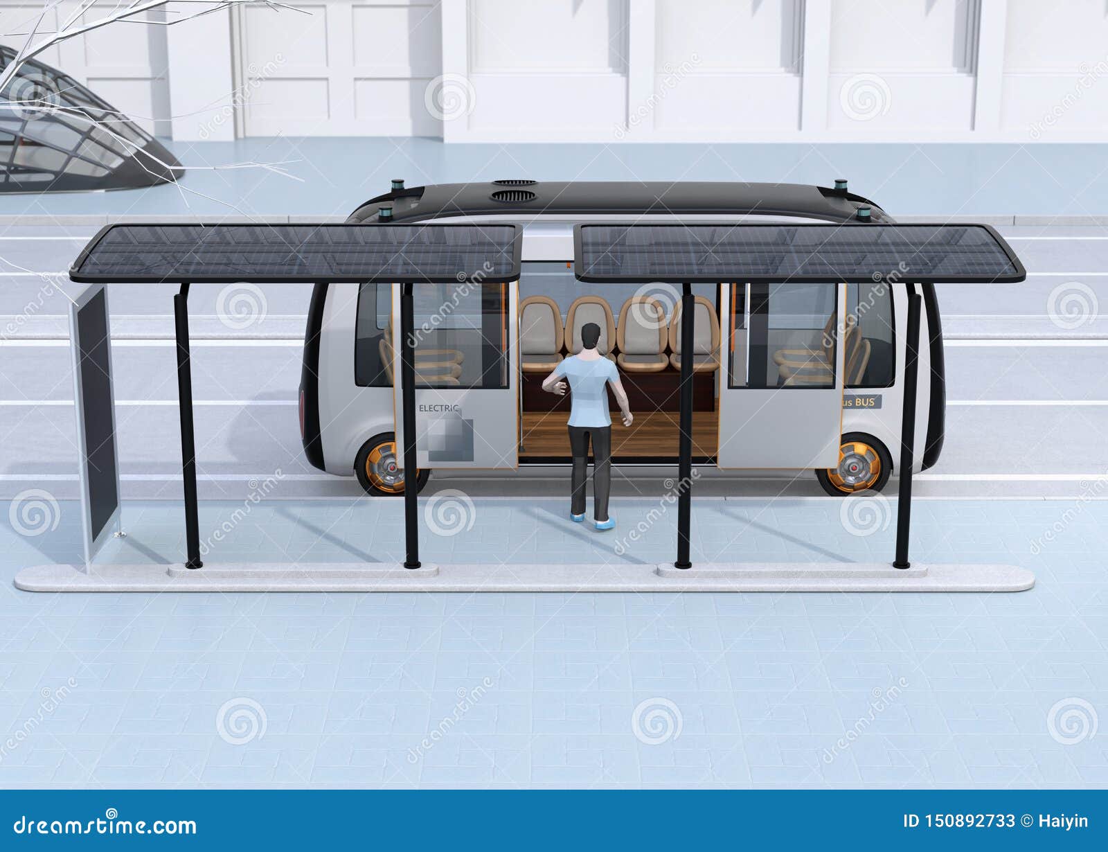 Side View of a Man Get on a Autonomous Bus Stock Illustration ...