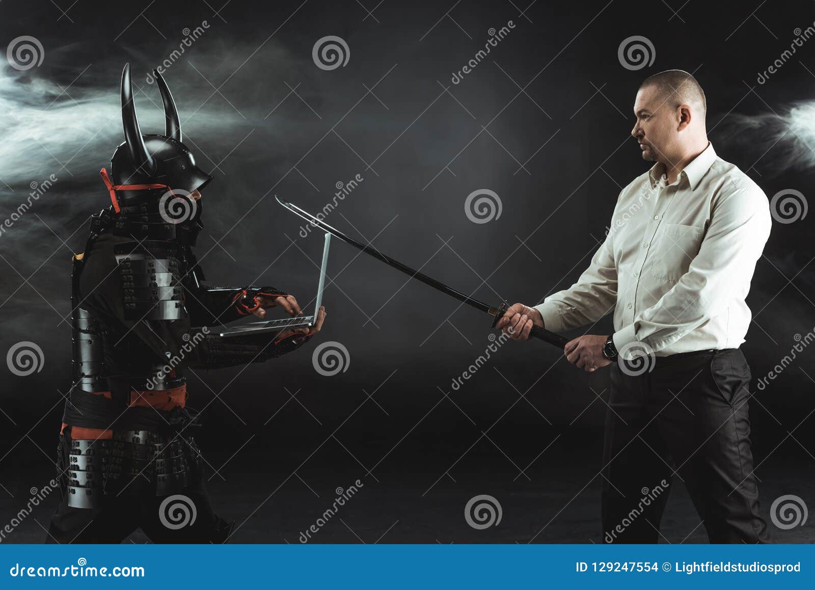 Side View of Man with Katana Standing in Fornt of Samurai while he ...