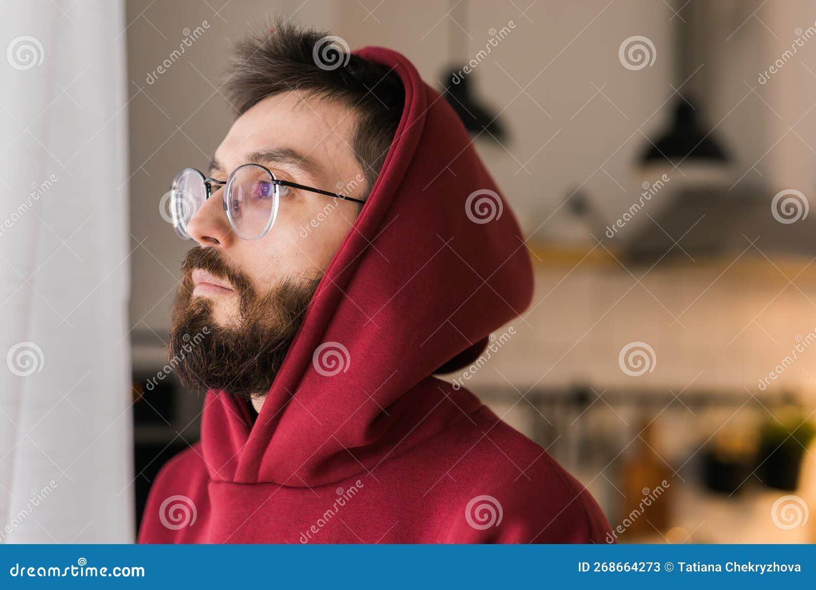 Side View of Man Longing and Looking through Window in Sad Day ...