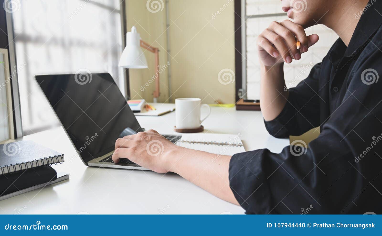 Side View Man`s Hands Using Laptop Computer and Thinking Ideas on Home ...