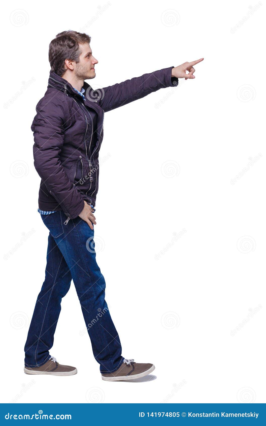 Side View of a Man Walking with a Pointing Hand Stock Image - Image of ...