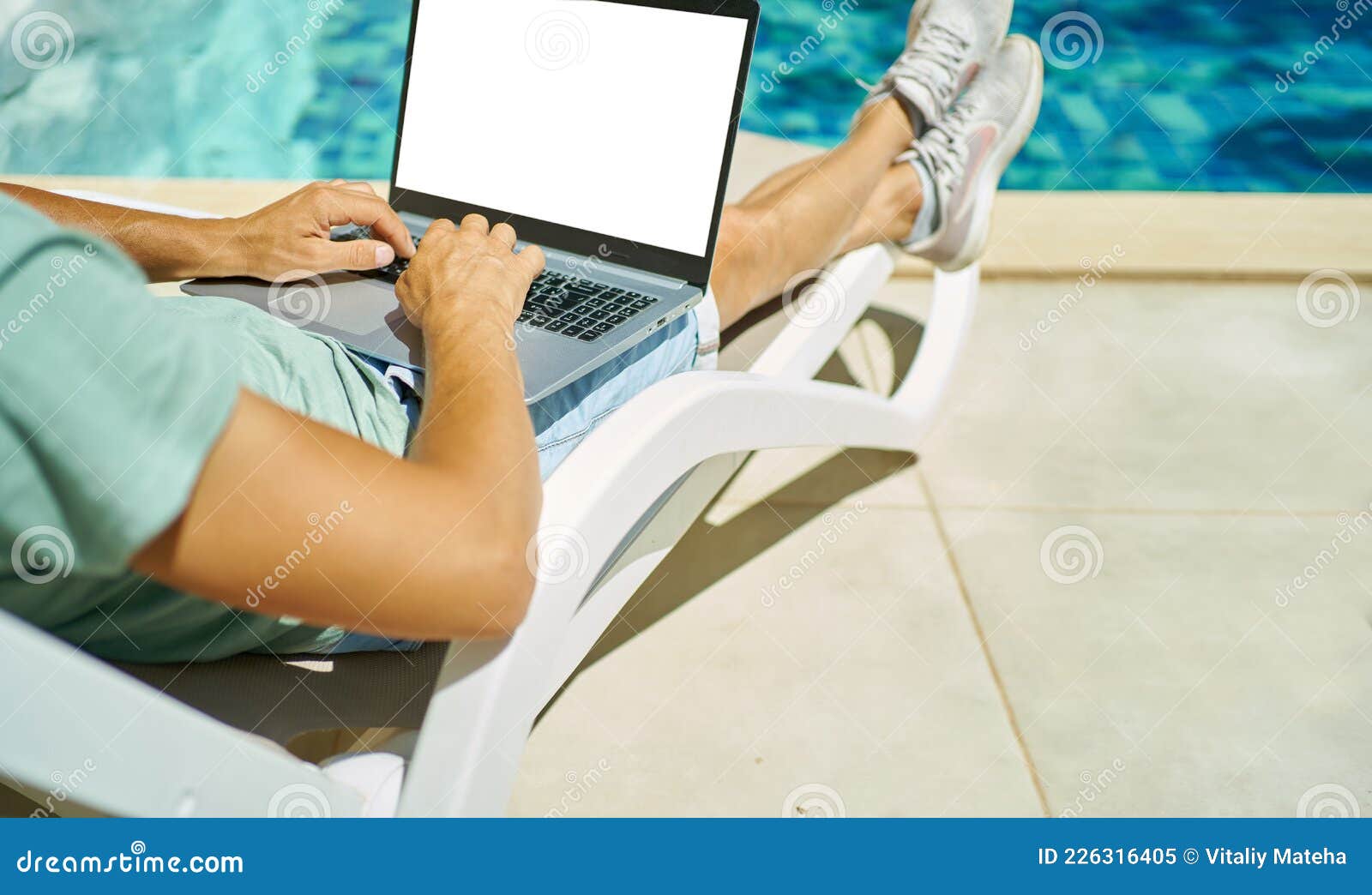 Side View Man Working on Laptop Computer with Blank Screen, Hands ...