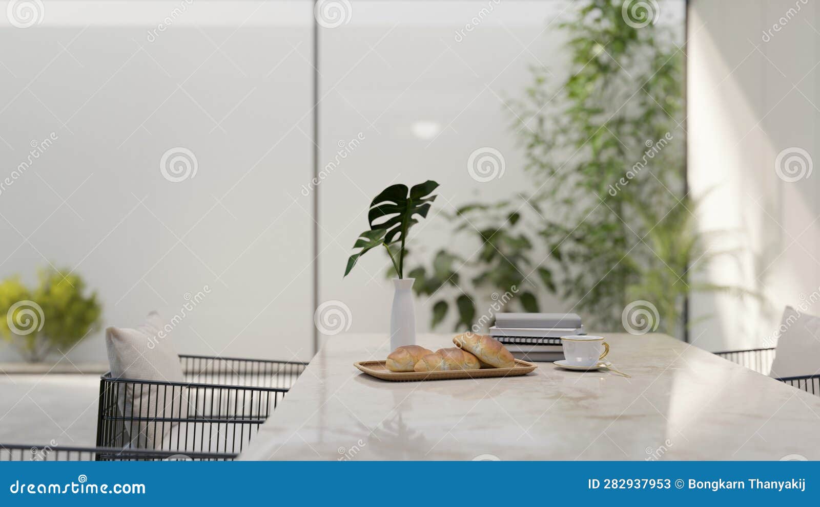 Side View of Marble Dining Table with Books, Bakery and Coffee Cup on ...
