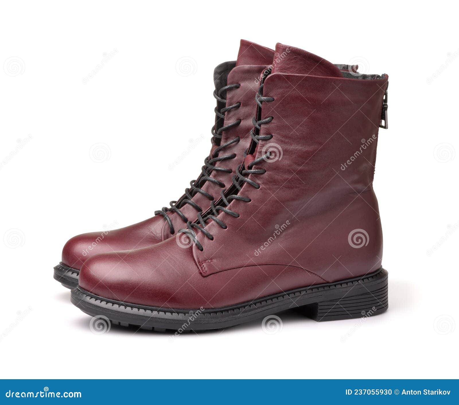Side View of Maroon Leather Winter Ladies Boots Stock Photo - Image of ...