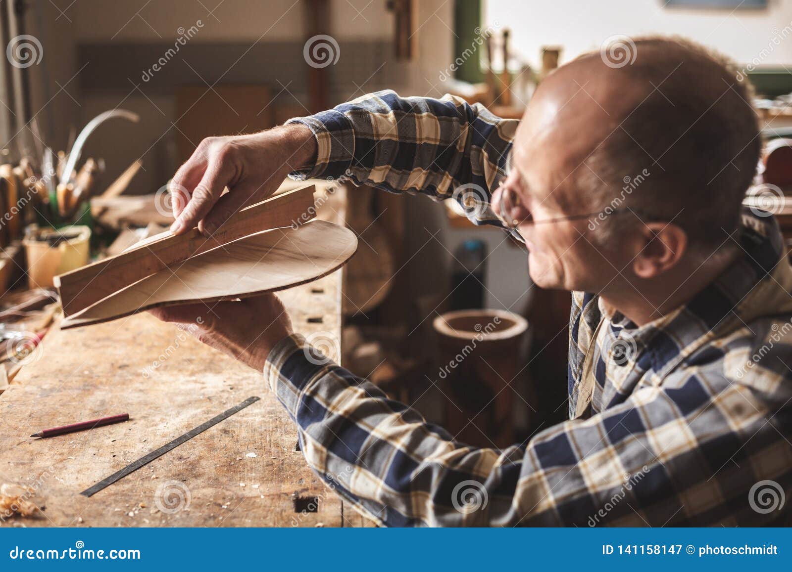 Instrument Maker Checking His Workpiece with a Wooden Template Stock ...