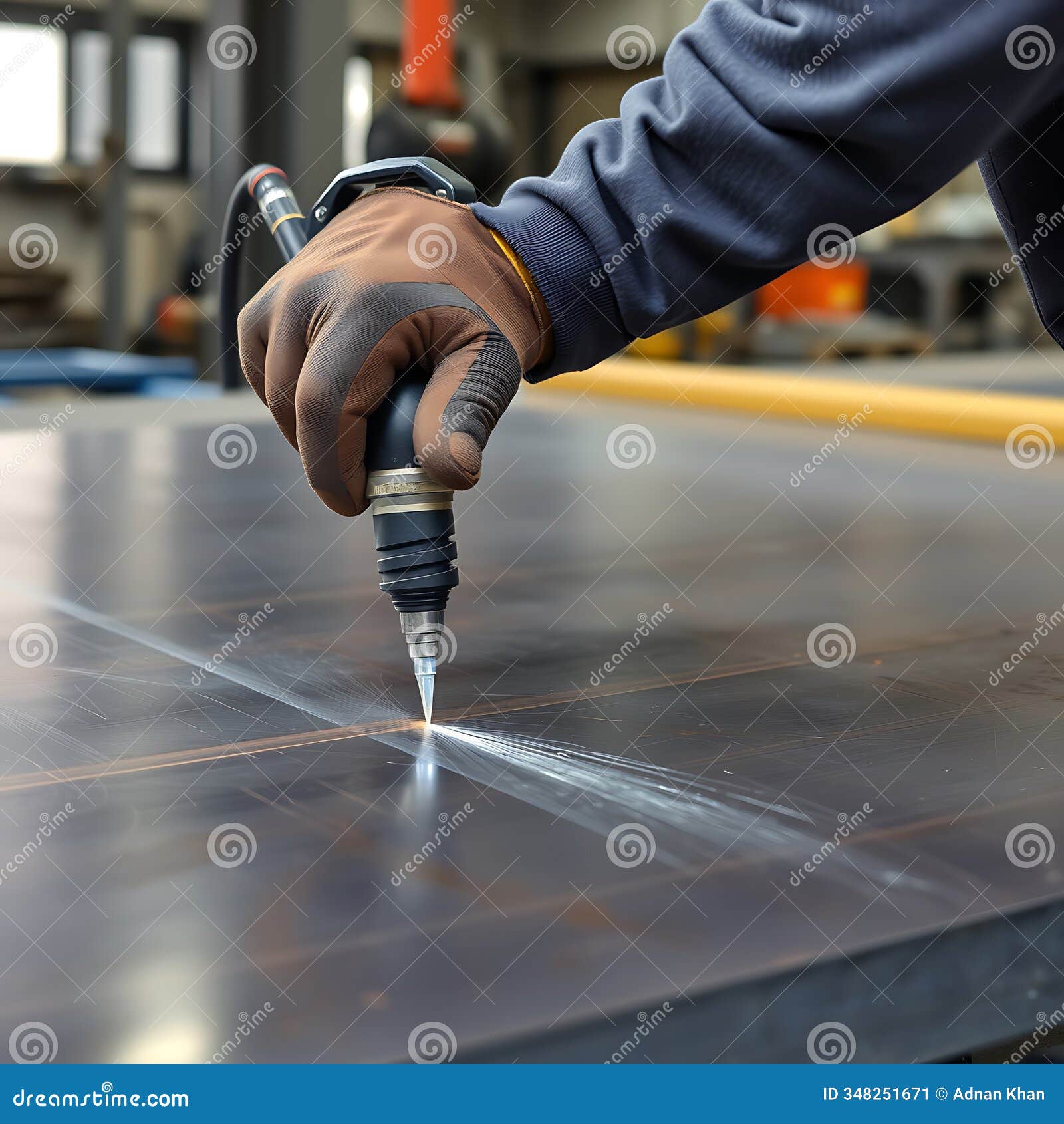 A Side View of a Mechanic Using a Deburring Tool on a Large Metal Sheet ...