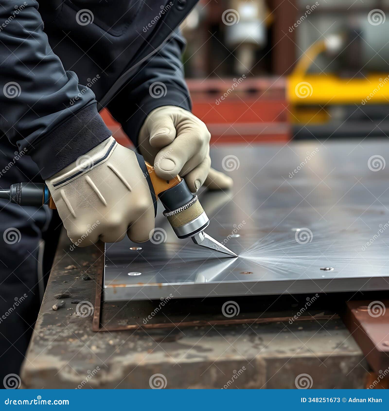 A Side View of a Mechanic Using a Deburring Tool on a Large Metal Sheet ...