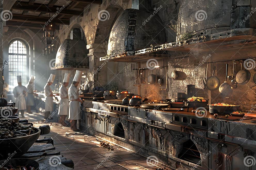 Side View of a Medieval Kitchen, CG 3D Rendering, Chefs Preparing Stock ...