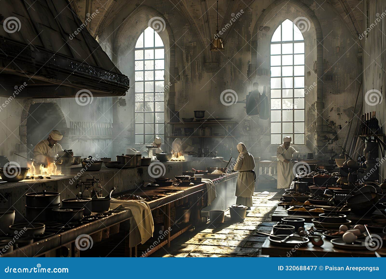 Side View of a Medieval Kitchen, CG 3D Rendering, Chefs Preparing Stock ...