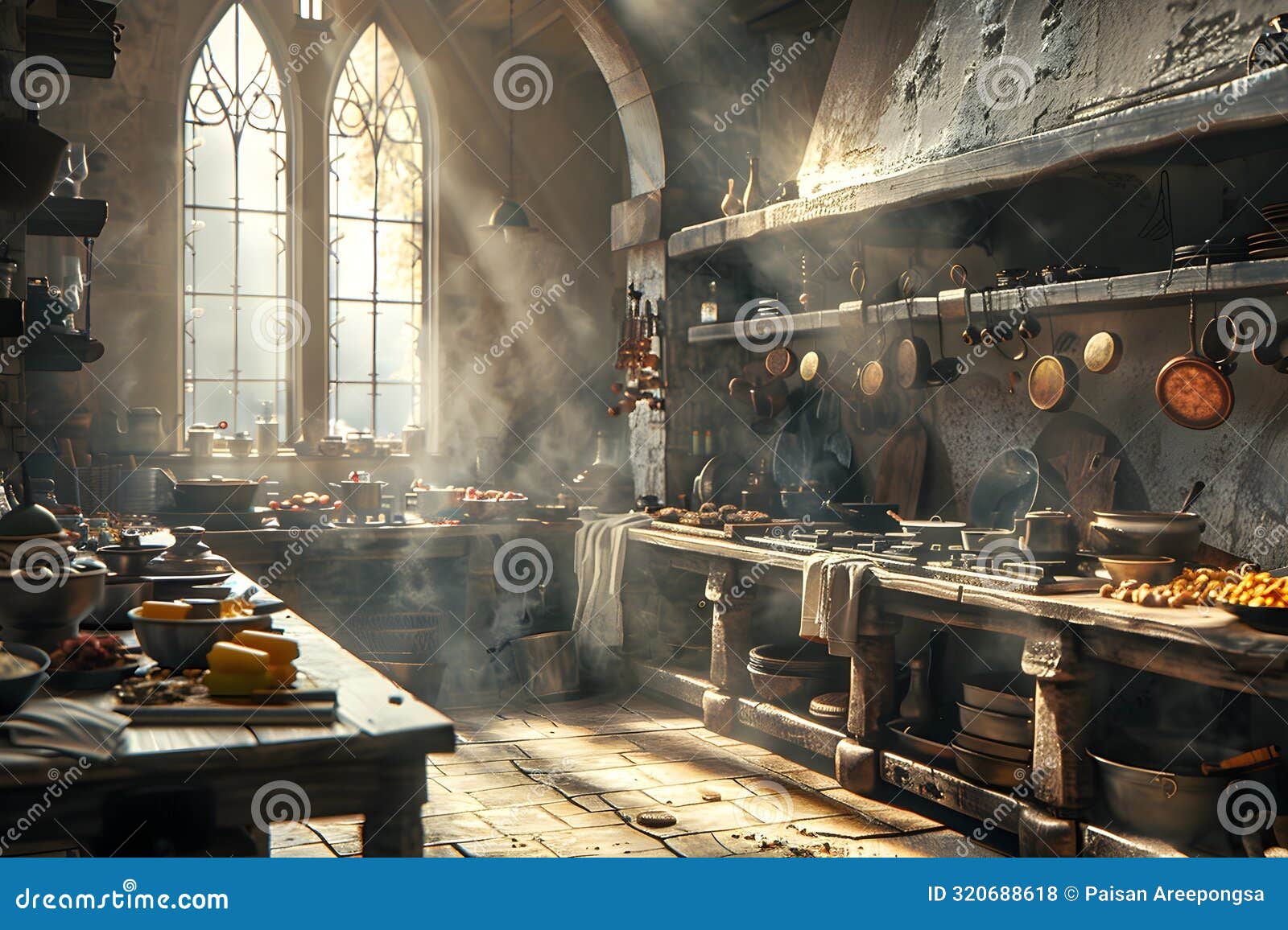 Side View of a Medieval Kitchen, CG 3D Rendering Stock Illustration ...